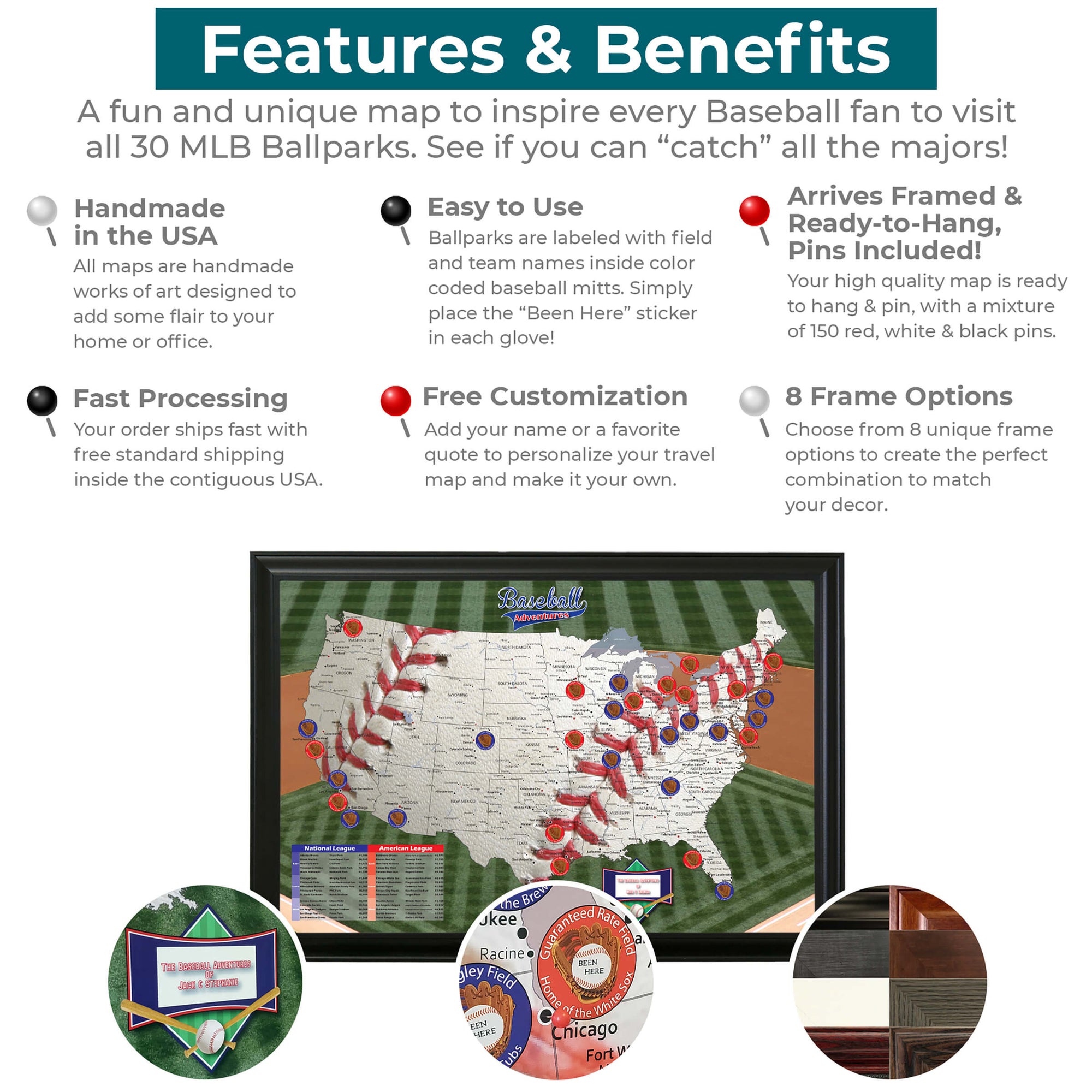 Baseball Stadium Adventures Map with Pins | MLB Travel Map - Push Pin ...