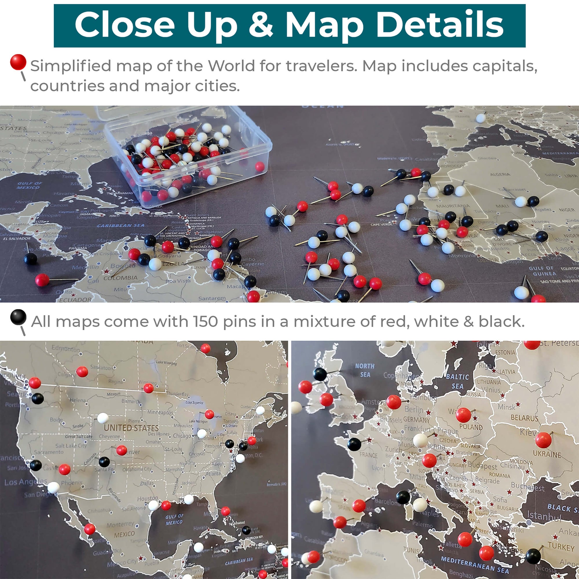 Earth Toned World Map | World Map in Frame | Push Pin Travel Maps