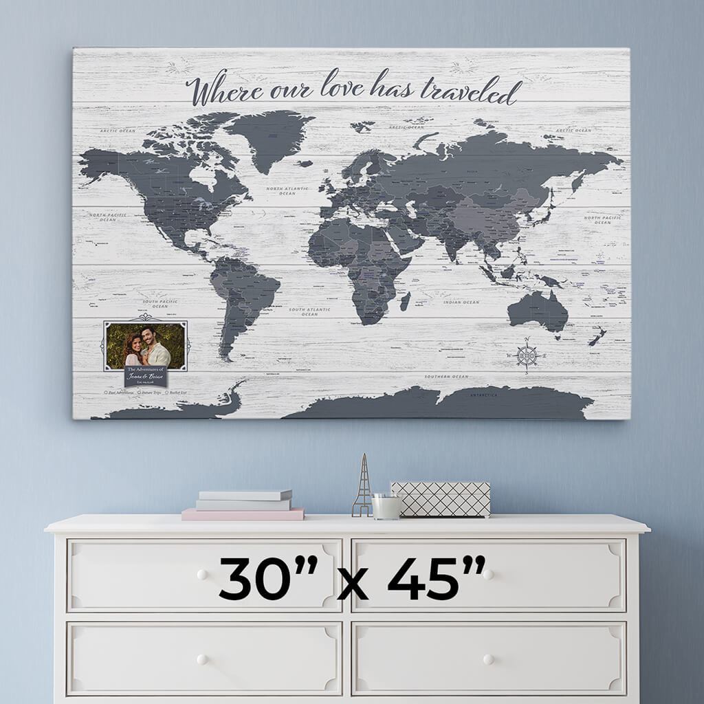 Canvas Anniversary Travel Map | Gallery-Style Canvas Map - Push Pin ...