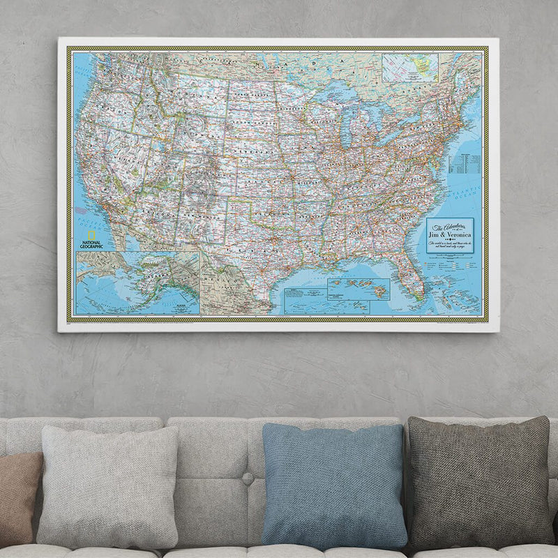 Gallery Wrapped Canvas Map of USA | Classic Canvas Wall Map - Push Pin ...