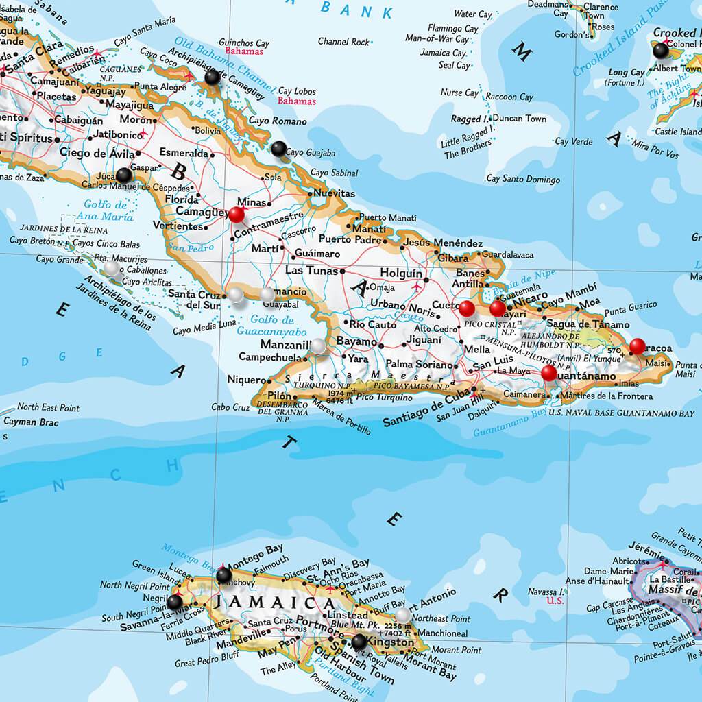 Caribbean Travel Map with Push Pins | Push Pin Travel Maps