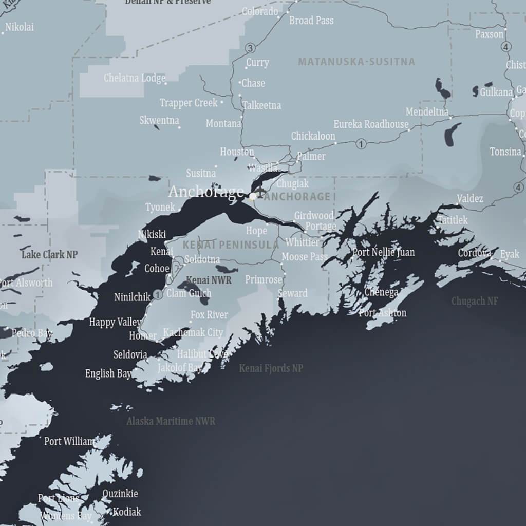Slate Gray Alaska Travel Map | Push Pin Travel Maps With Pins