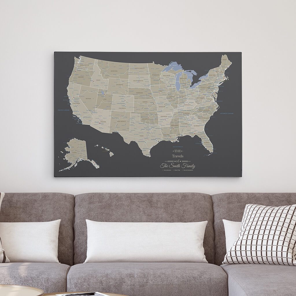 Earth Toned US Map with Pins | Gallery Canvas Print | U.S. Travel Map ...