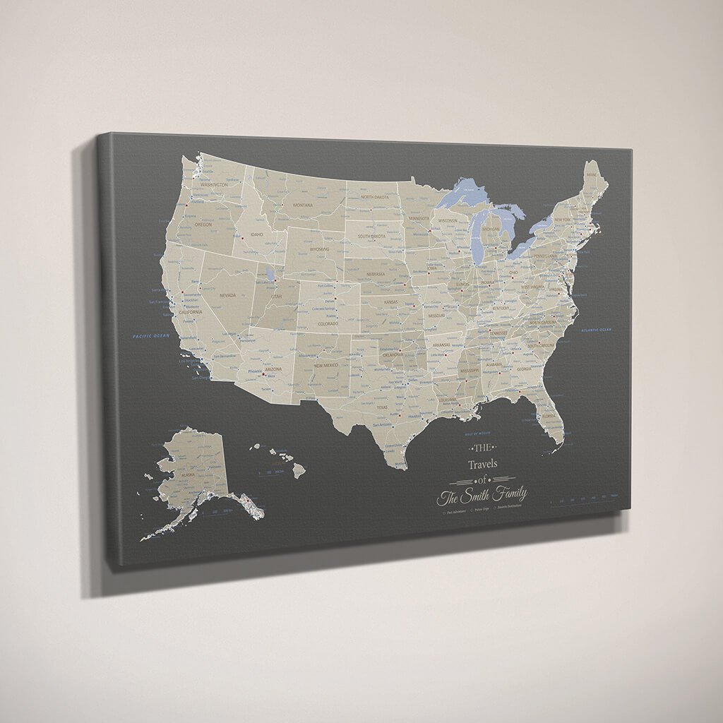 Earth Toned US Map with Pins | Gallery Canvas Print | U.S. Travel Map ...
