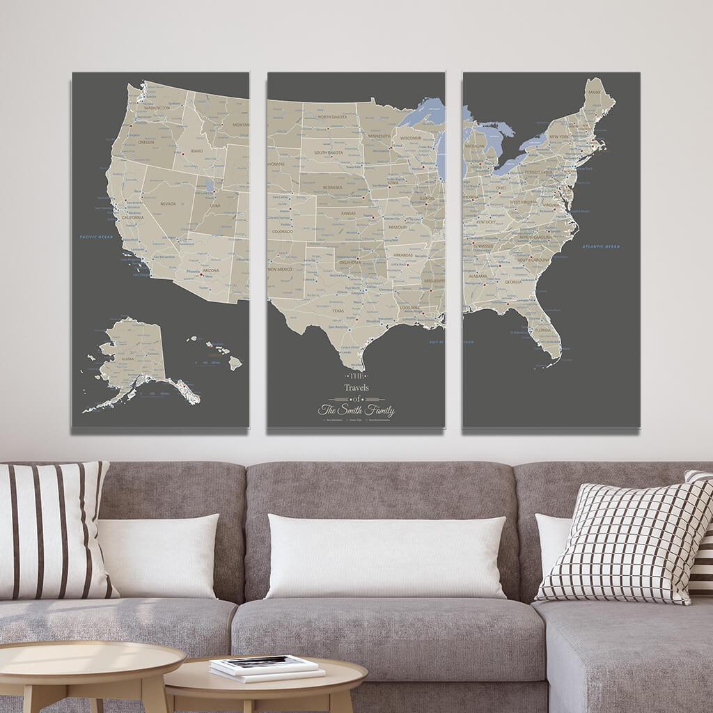 3-Panel US Map | Canvas Travel Map Print | Push Pin Travel Maps