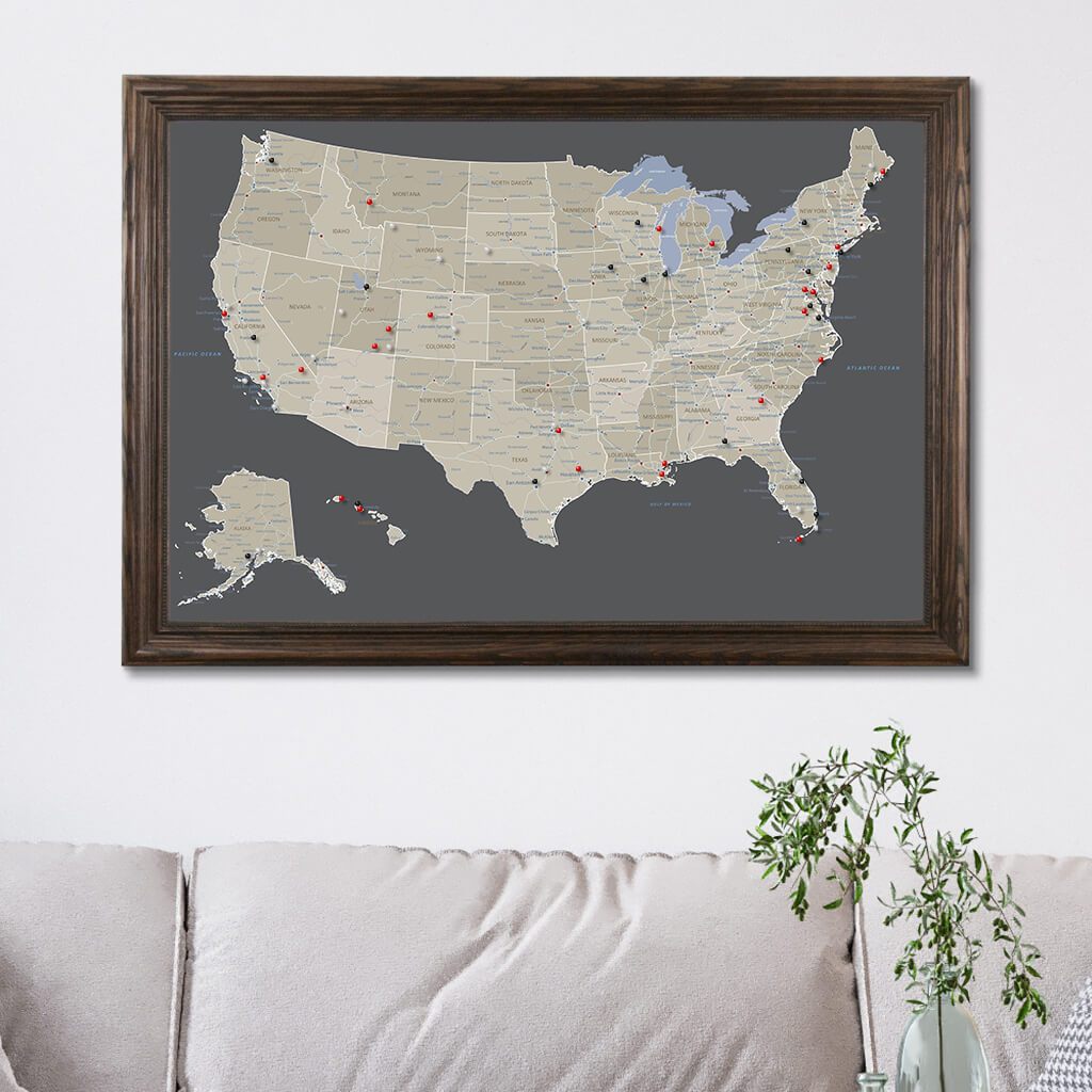 Earth Toned Canvas United States Map | Framed US Map with Push Pins ...