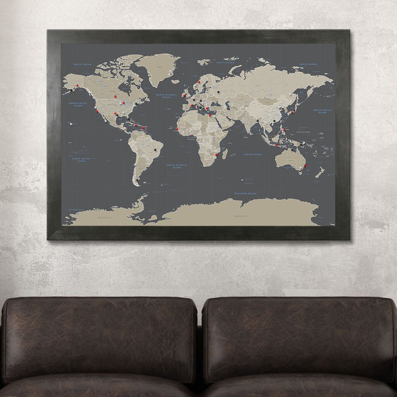 Earth Toned World Map | World Map in Frame | Push Pin Travel Maps