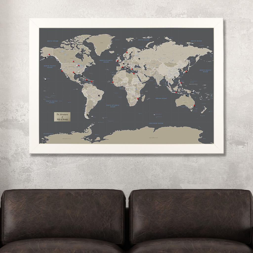 Earth Toned World Map | World Map in Frame | Push Pin Travel Maps