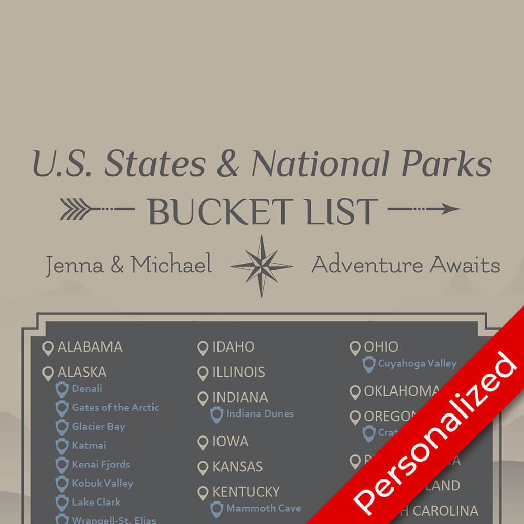 Earth Toned Bucket List of US States and National Parks | Personalized ...
