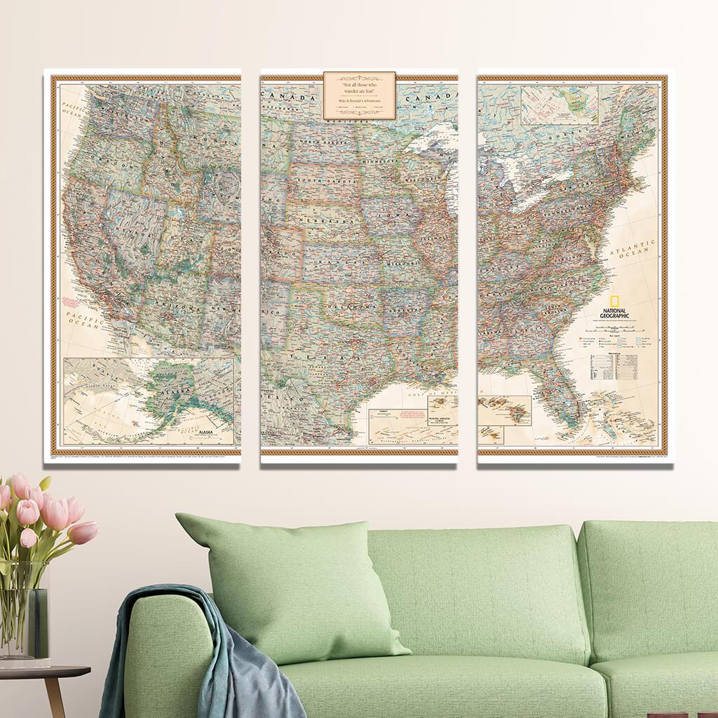 3-Panel USA Maps | Canvas Maps of the United States - Push Pin Travel Maps