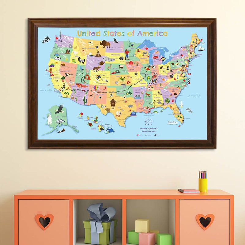 Framed USA Map for Kids | Kids Travel Map - Canvas - Push Pin Travel Maps