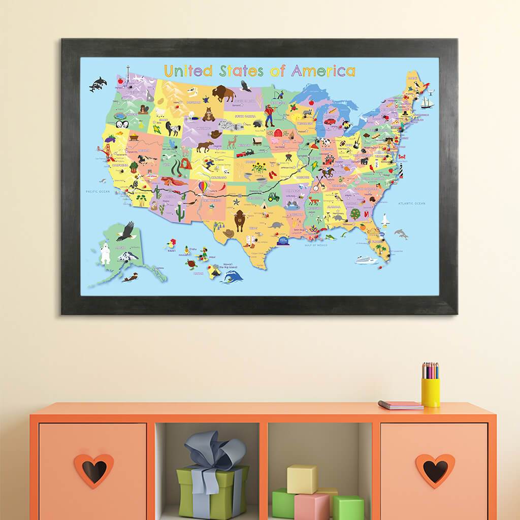 Framed USA Map for Kids | Kids Travel Map - Canvas - Push Pin Travel Maps