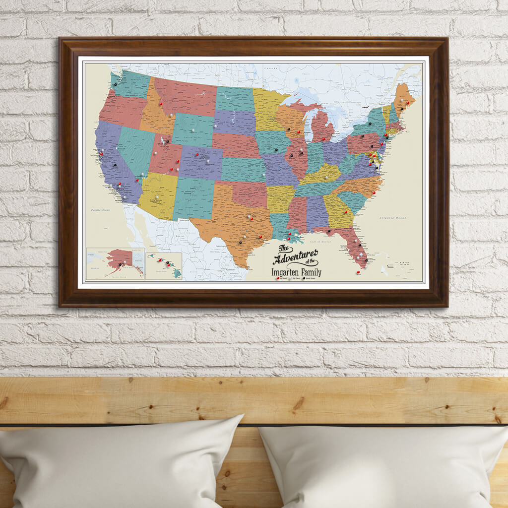 Tan US Travel Map | Framed USA Map | Push Pin Travel Maps