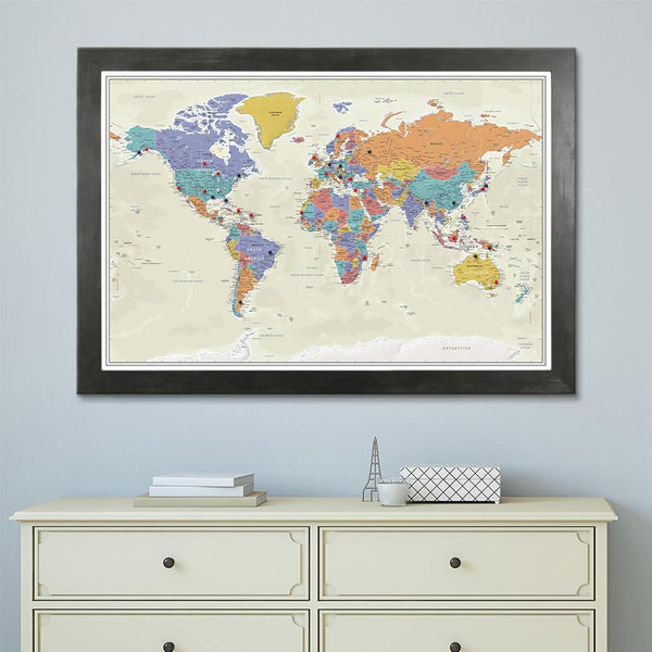 Canvas Tan World Map | Framed Canvas Map | Push Pin Travel Maps