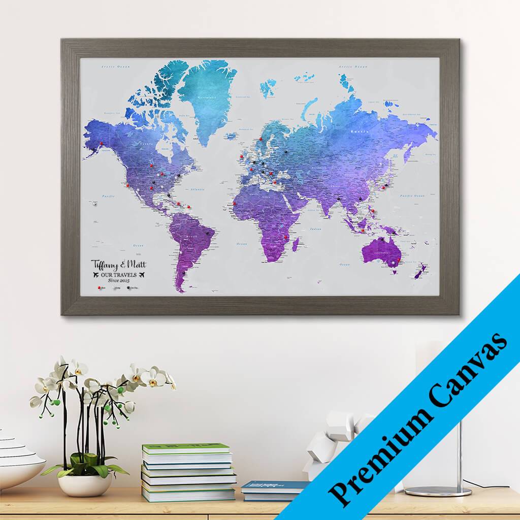 Vibrant Violet Canvas Map with Pins | Watercolor Travel Map - Push Pin ...