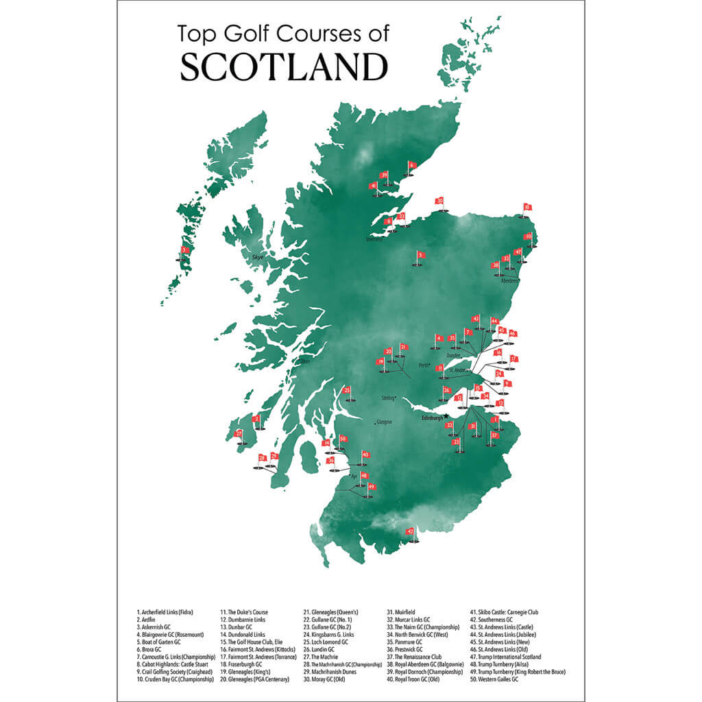 Map of Scotland Golf Courses | Scotland Golf Pin Map | Golf Wall Map ...