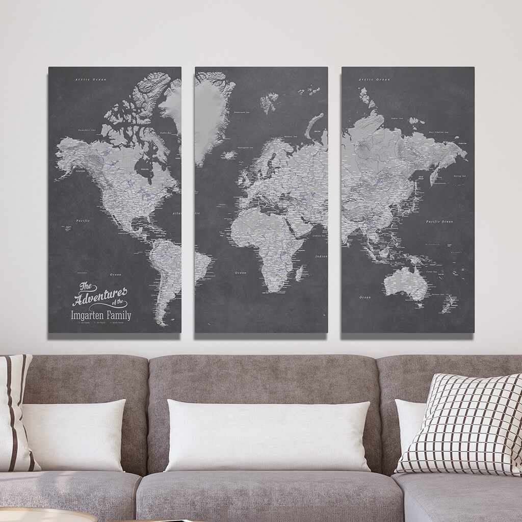 Canvas 3-Panel Travel Map | Monochrome Canvas World Map - Push Pin ...