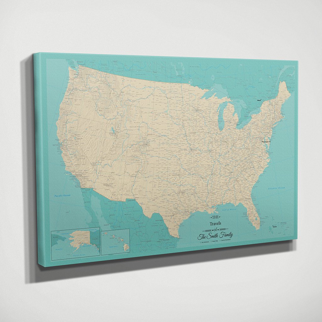 Teal Dream Map | Gallery Wrapped Canvas Pin Map | Custom Map Art - Push ...